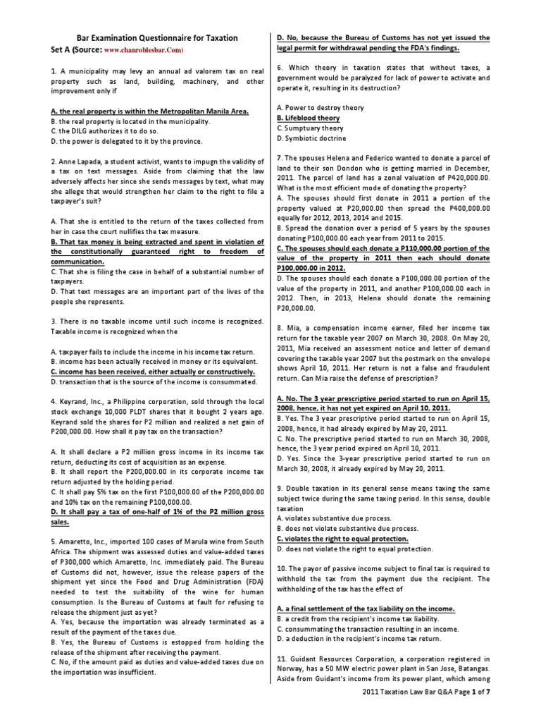 Tax Law Bar Exam Guide | PDF