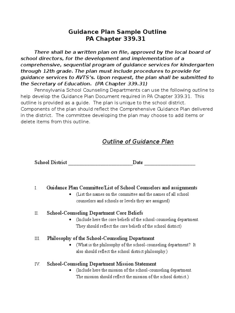 Guidance Plan Sample Outline PA Chapter 339.31 | PDF | School Counselor ...