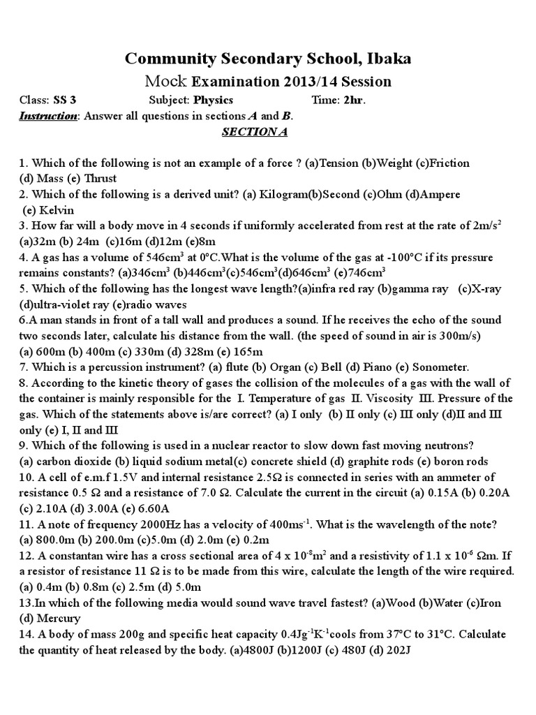 Physics Ss3 Mock Pdf Gases Resistor