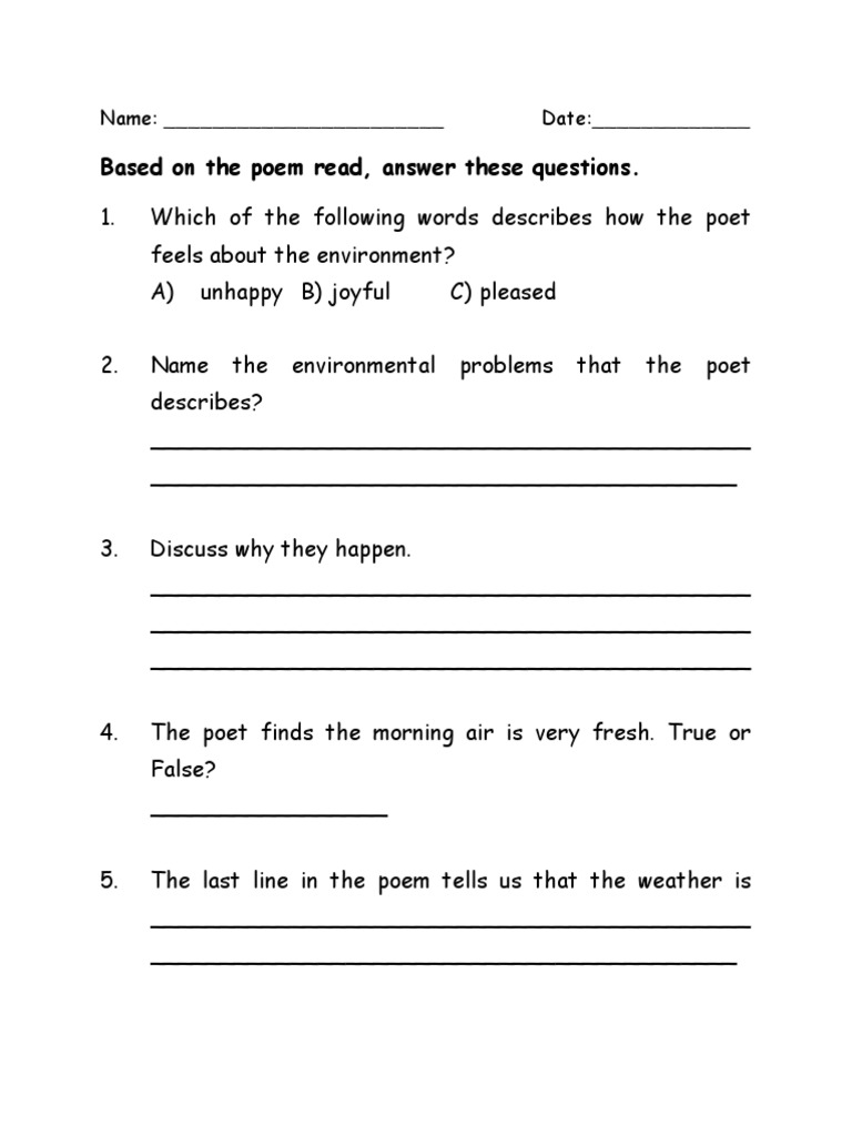 Based On The Poem Read, Answer These Questions.: Name: - Date | PDF