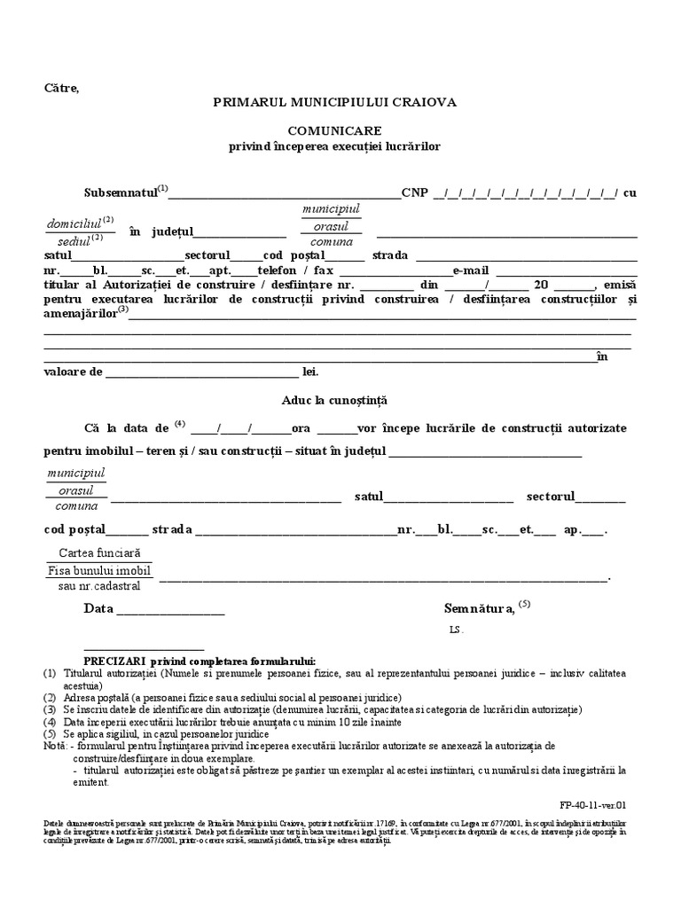 Formulare Incepere, Incheiere, Receptie Lucrari - de La Primaria ...