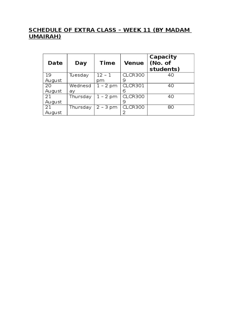 Schedule of Extra Class - Week 11 (By Madam Umairah) | PDF