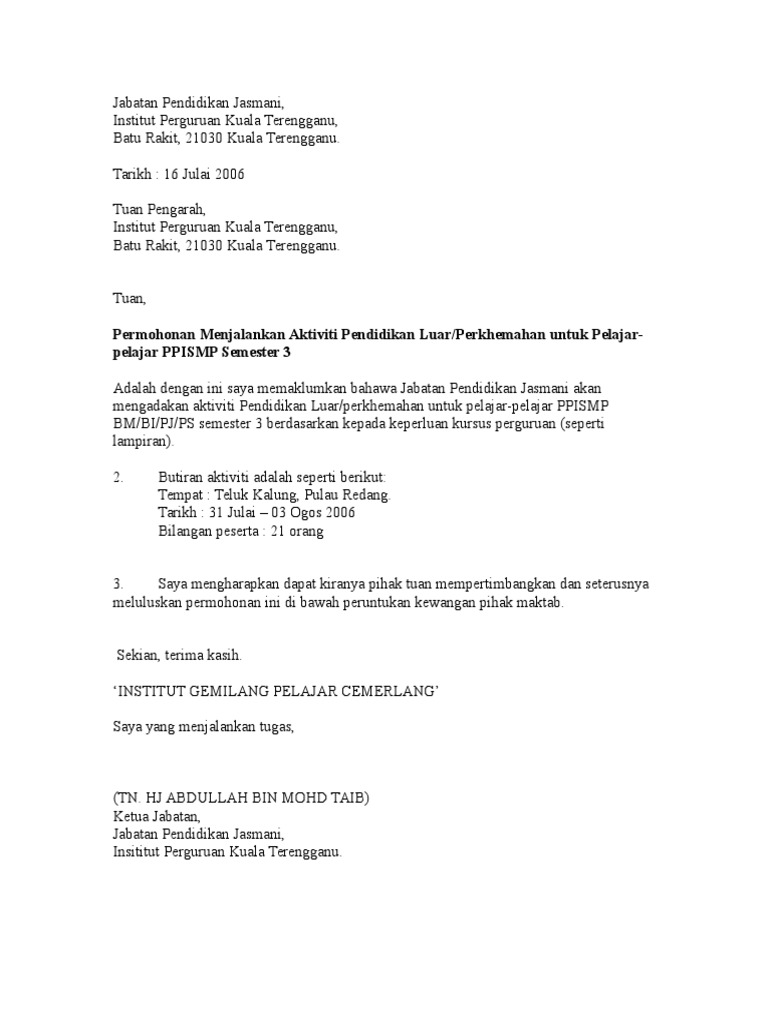 Surat Permohonan Mengadakan Program Luar | PDF