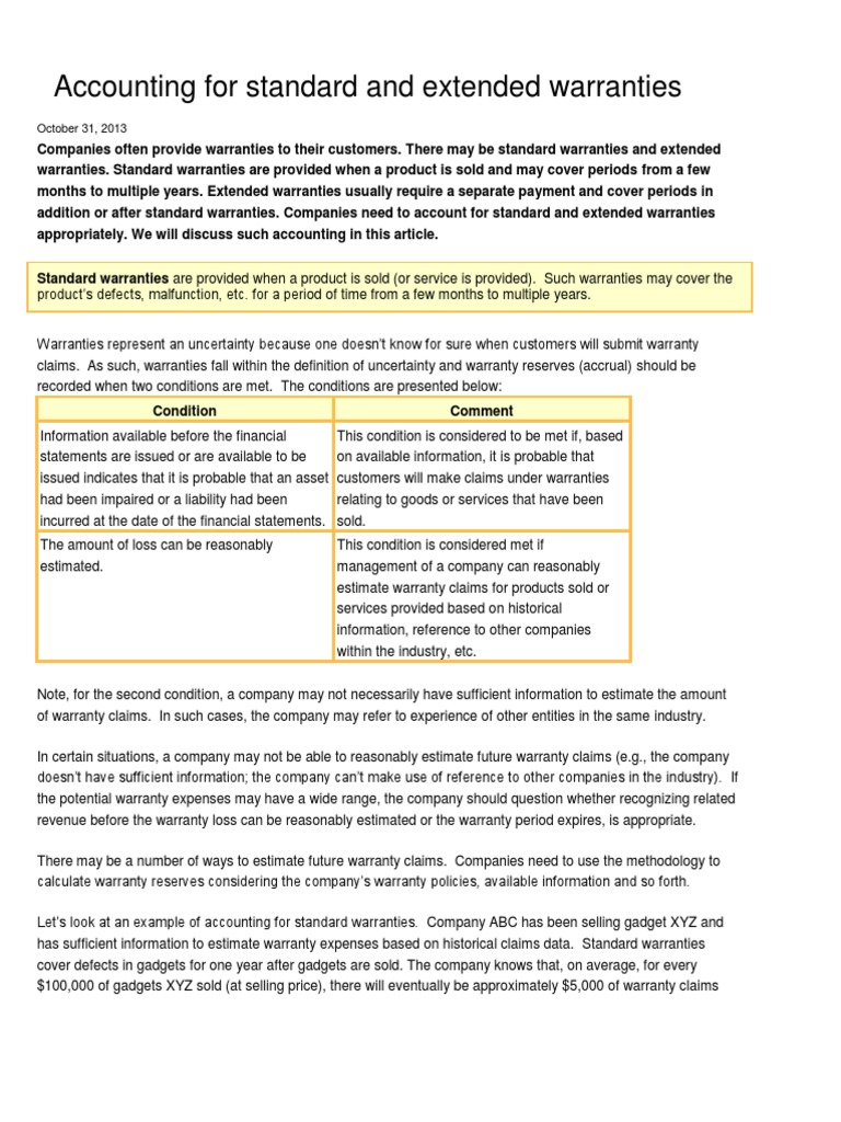 Accounting For Standard and Extended Warranties | PDF | Debits And ...