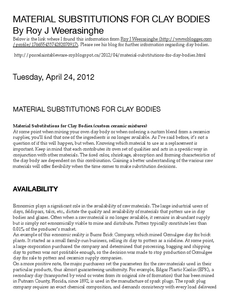Clay Body Material Substitutions Guide | PDF | Clay | Pottery