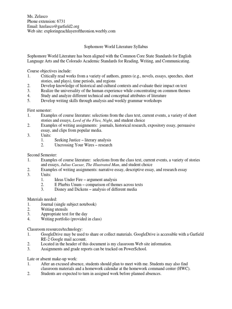 Sophomore World Literature Syllabus 8-18 | PDF | Essays | Cognition