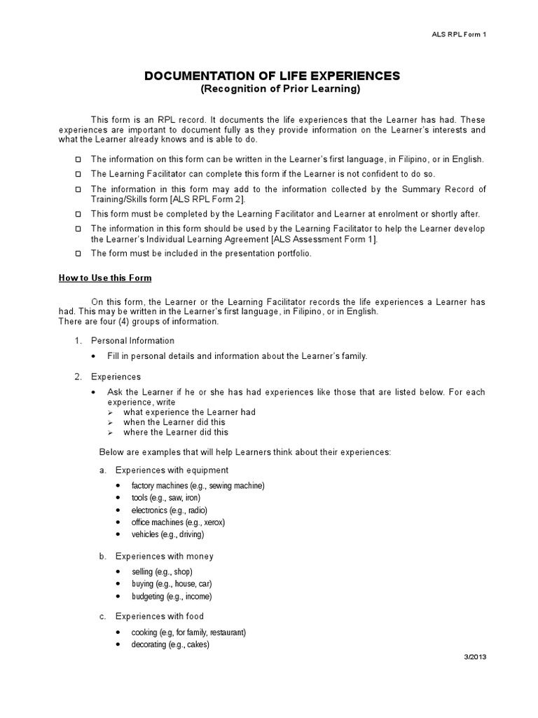 ALS RPL Form 1: Life Experience Documentation | PDF | Learning | Cognition