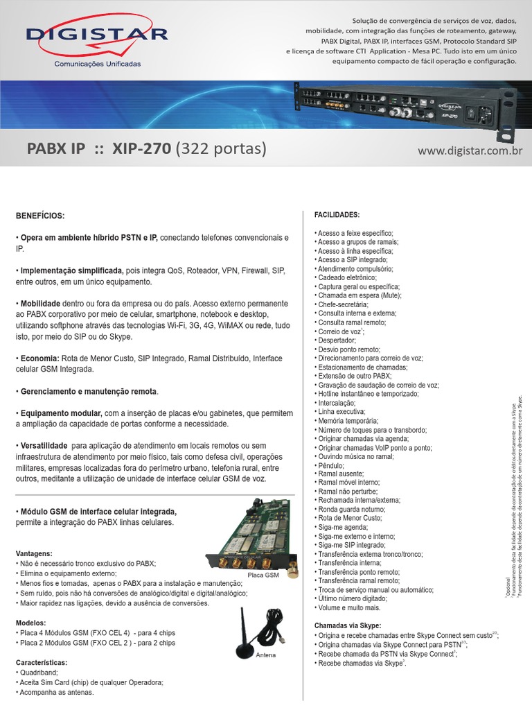 Datasheet Pabx Ip Xip270 | PDF | Voz sobre IP (VoIP) | Protocolo de ...