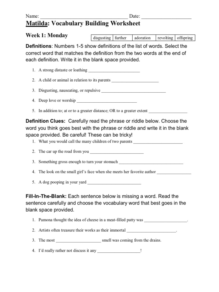 Matilda Vocabulary Building Worksheets | PDF | Vocabulary