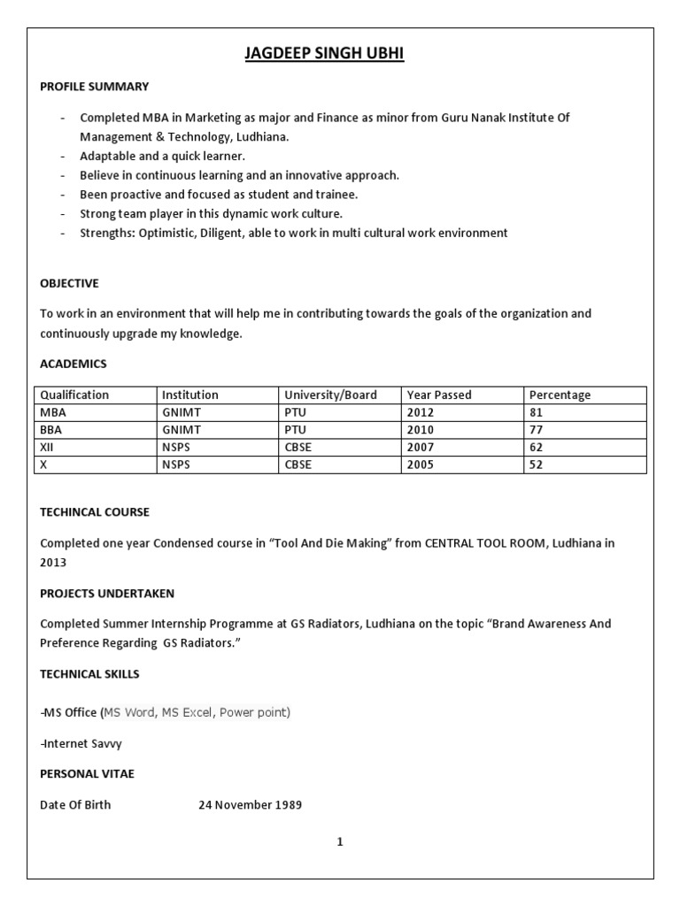 Jagdeep Singh Ubhi: MBA Profile Summary | PDF | Career & Growth | Self ...