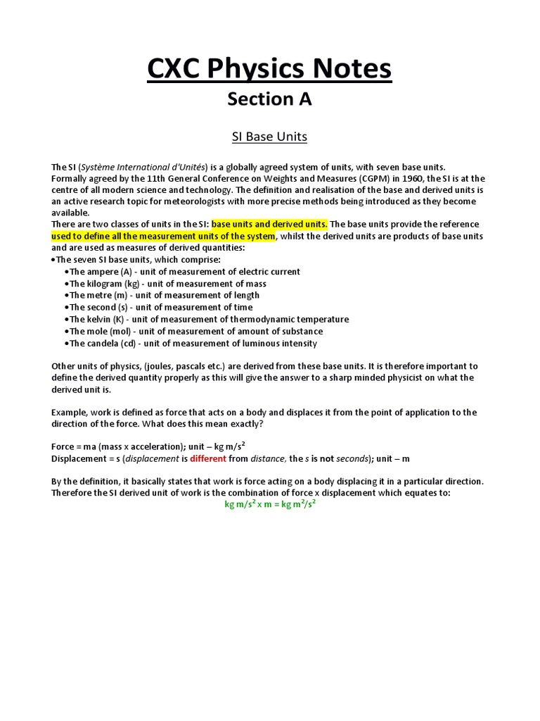CXC Physics Notes - Section A | Force | Mass