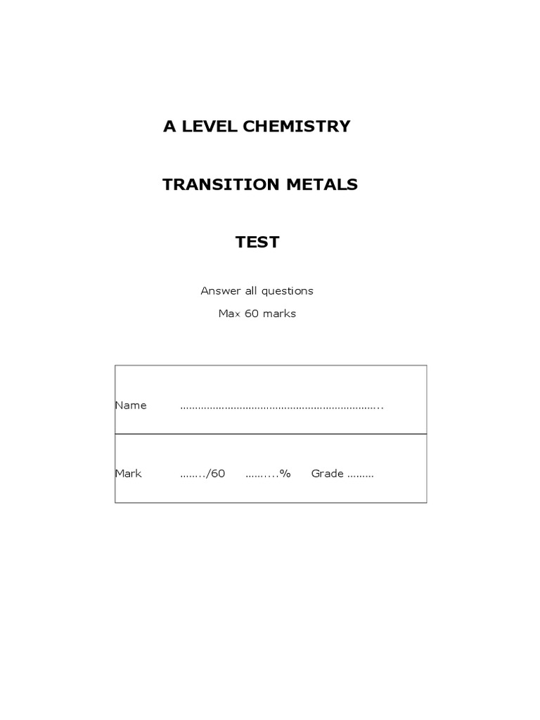 Transition Metals Test | PDF | Iron | Redox