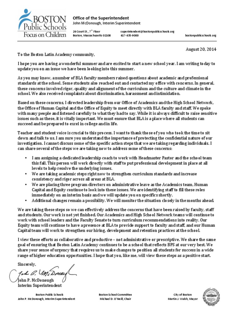 Boston Latin Academy Letter | PDF