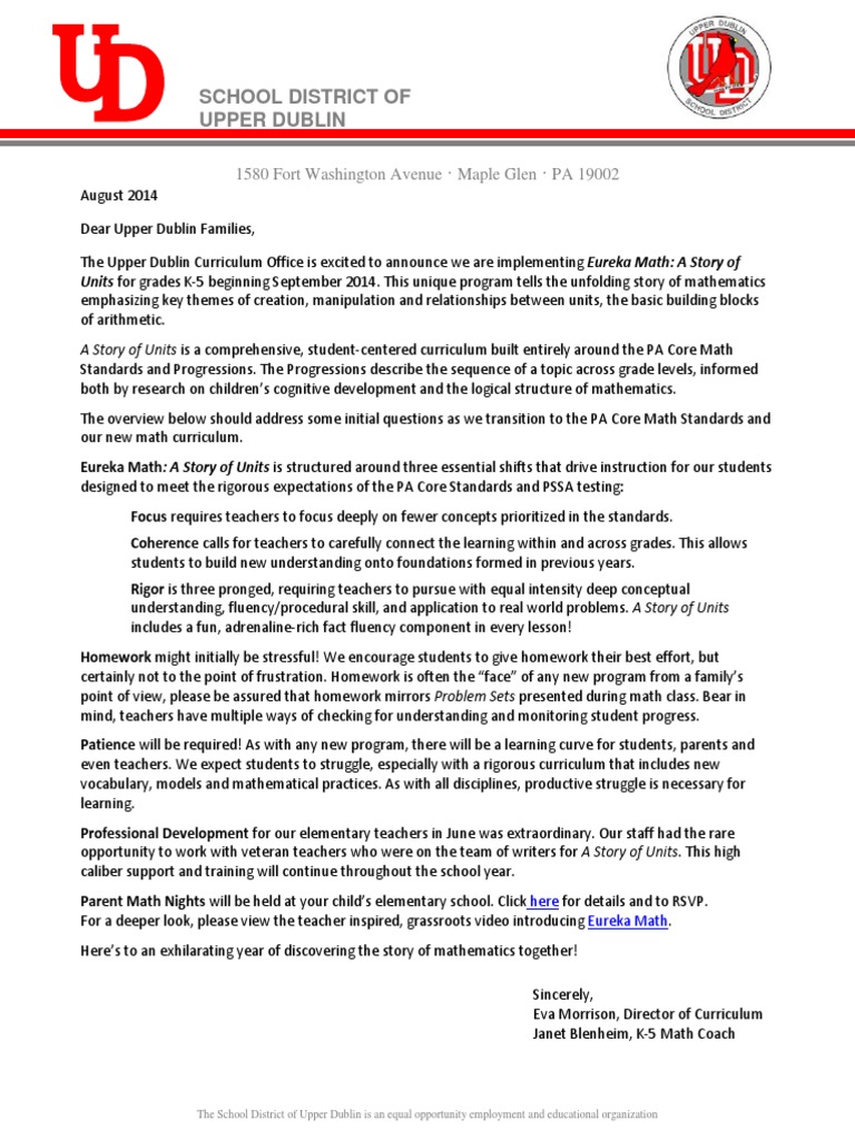 Eureka Parent Letter PDF | PDF | Teaching Mathematics | Curriculum