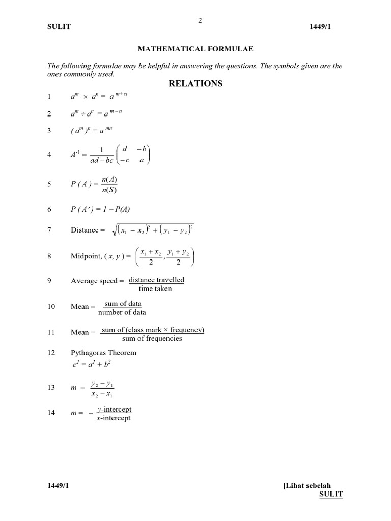 Formula Matematik SPM | PDF
