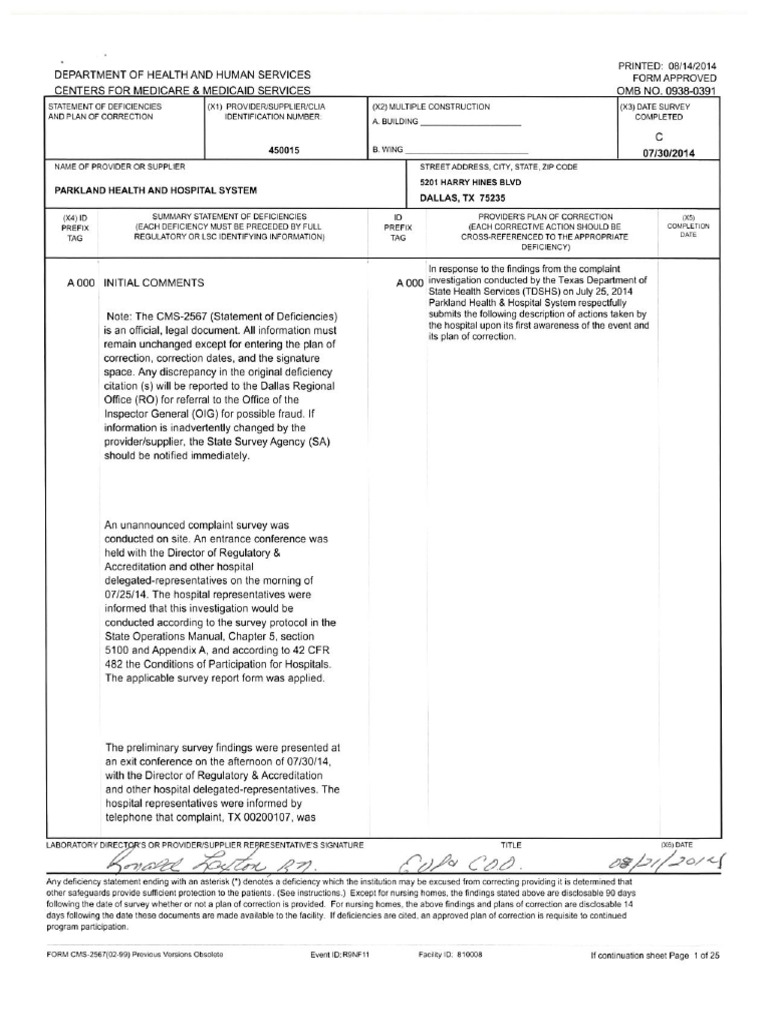 Parkland Hospital CMS 2567 POC 8.2014 PDF | PDF