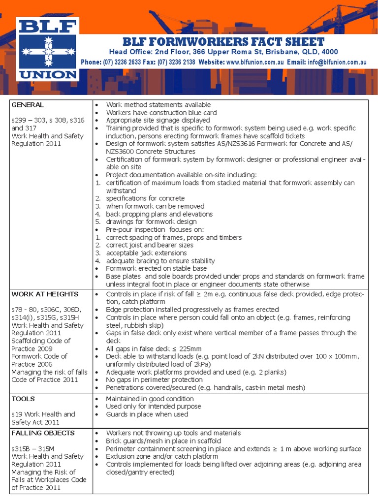2013 Formworker Fact Sheet | PDF | Framing (Construction) | Scaffolding