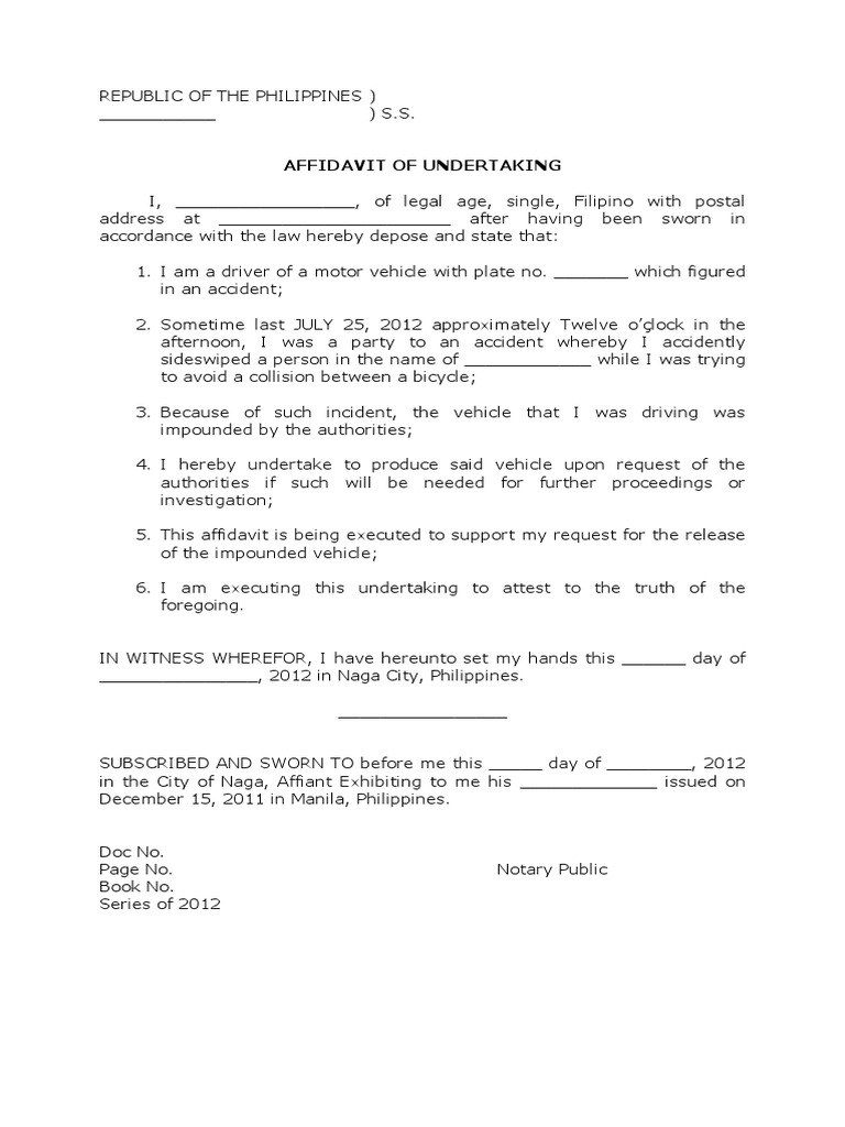 Affidavit of Undertaking for Vehicle Release | PDF | Affidavit | Legal ...