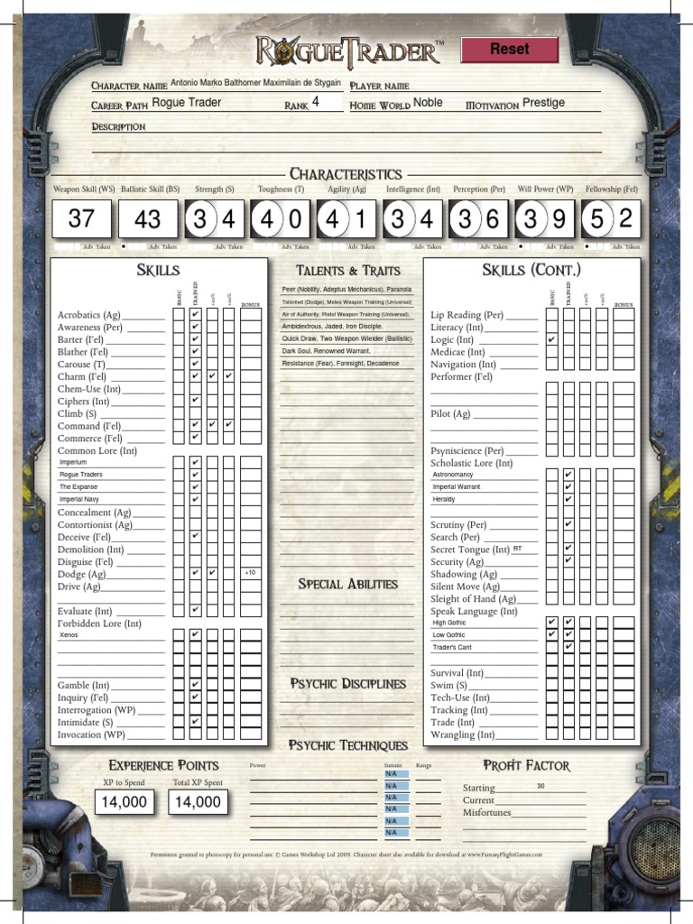 Rogue Trader Character Sheet Official Editable Web Quality PDF | PDF ...