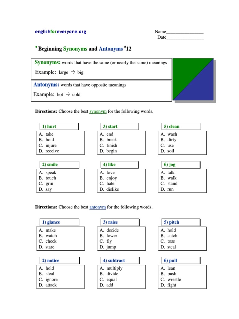 Beginning Synonyms and Antonyms 12 | PDF