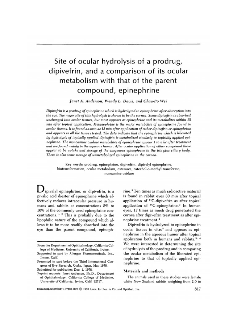 Site of Ocular Hydrolysis of A Prodrug, Dipivefrin, and A | PDF ...