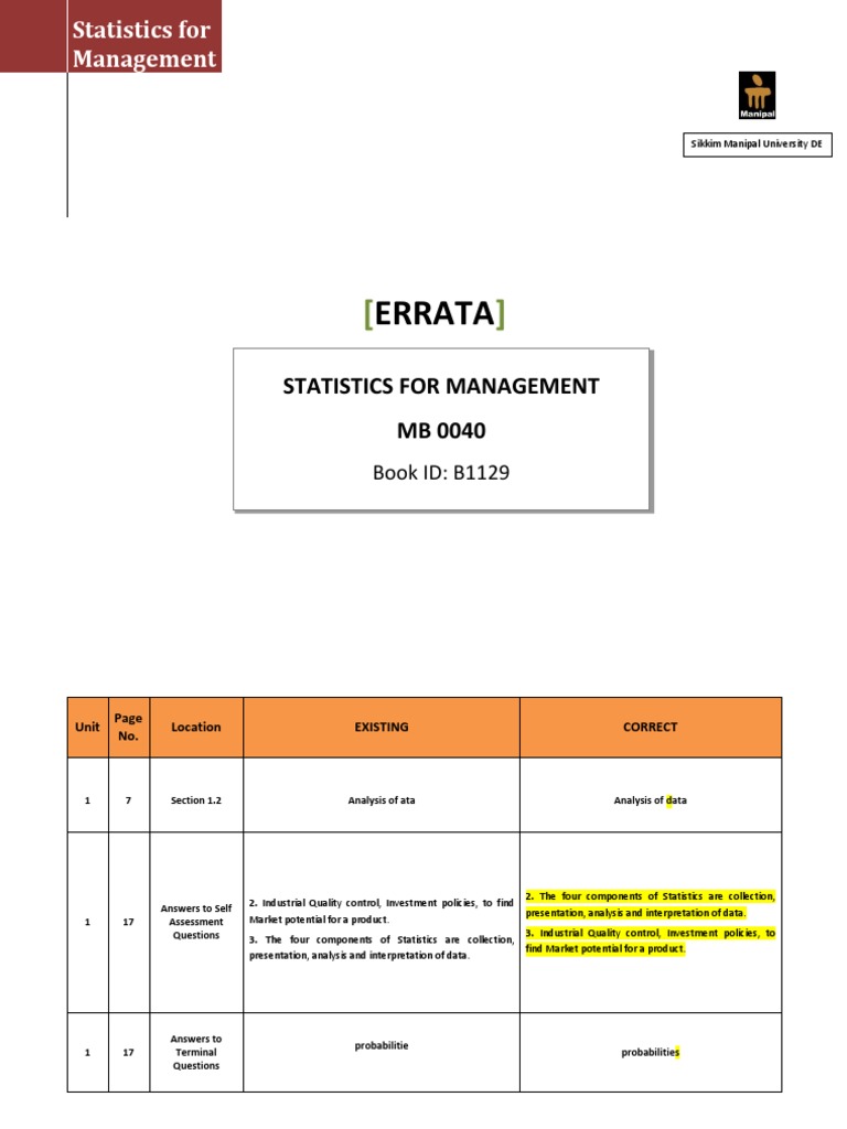 ERRATA Statistics For Management | PDF | Quantile | Data Analysis