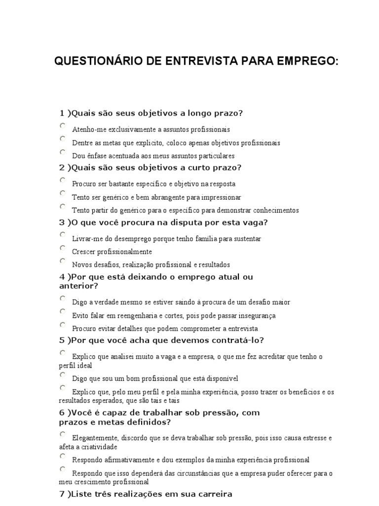 Questionário de Entrevista de Emprego | PDF | Entrevista | Tempo