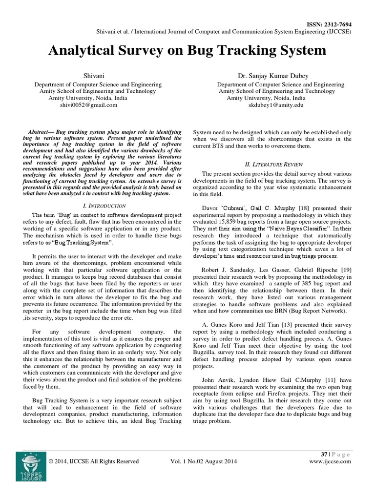 Analytical Survey On Bug Tracking System PDF Software Bug Software