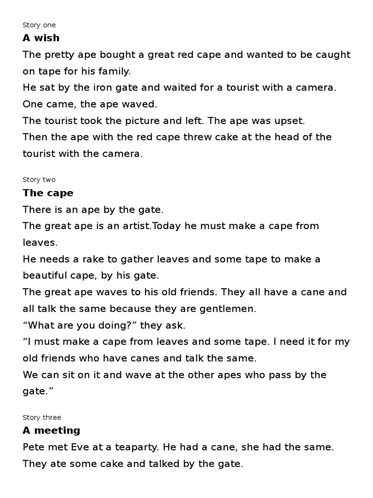 Phonics Stories Featuring Apes and Capes | PDF