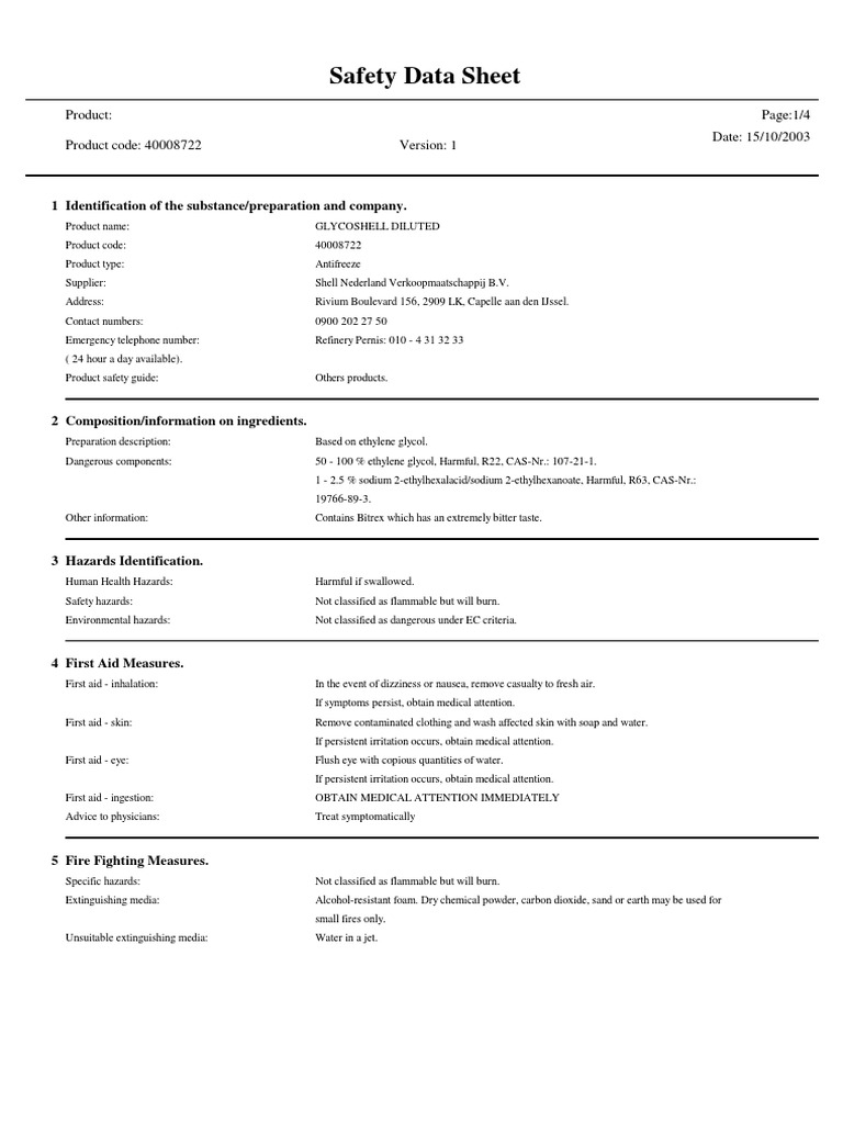 Glycoshell Diluted Safety Data Sheet | PDF | Personal Protective ...