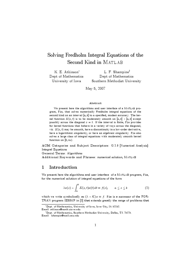 Solving Fredholm Integral Equations of The Second Kind in MATLAB | PDF ...