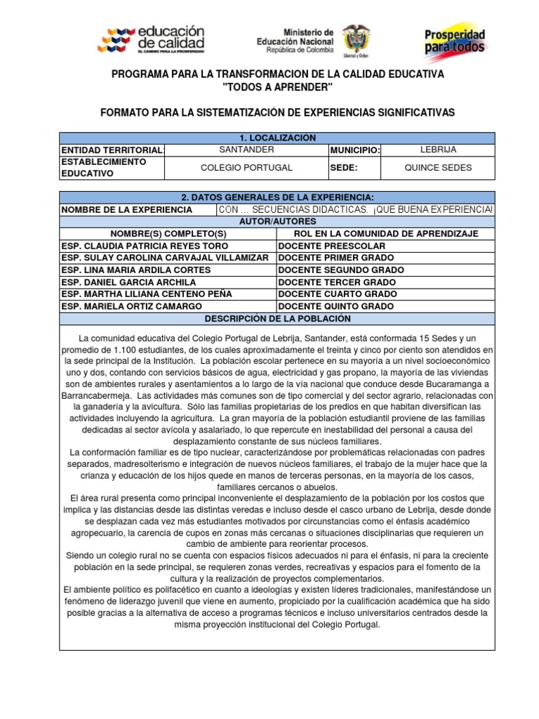 Formato Sistematizacion de Experiencias - Colportugal | PDF | Jardín de infancia | Planificación