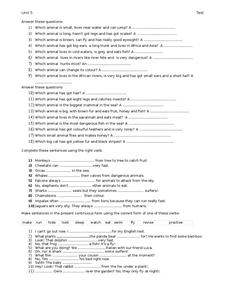 Unit 5 English Plus 1 Test | PDF | Mammals | Organisms