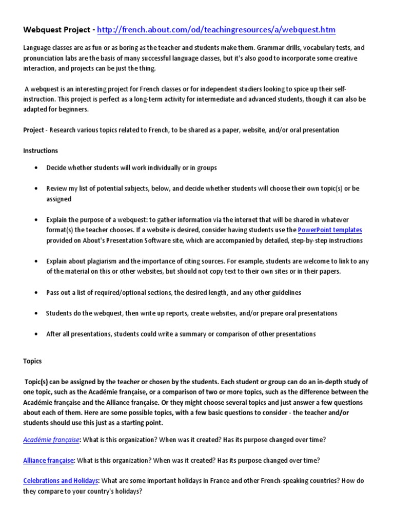 Webquest Project French 4 Topics | PDF | Hyperlink | Web Page