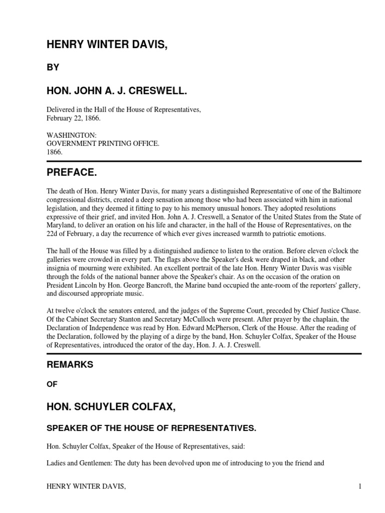 Oration On The Life and Character of Henry Winter Davis by Creswell ...