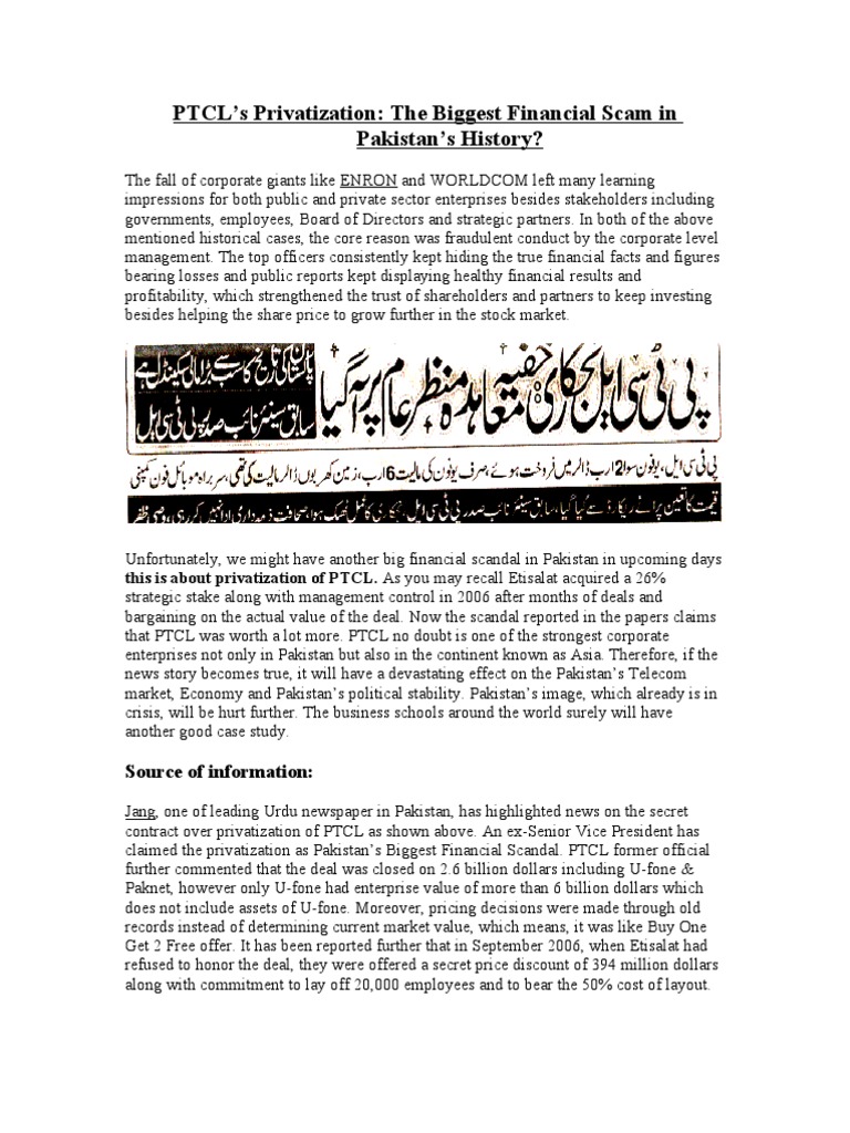 PTCL Privatization: A Major Scam Exposed | PDF | Privatization | Layoff