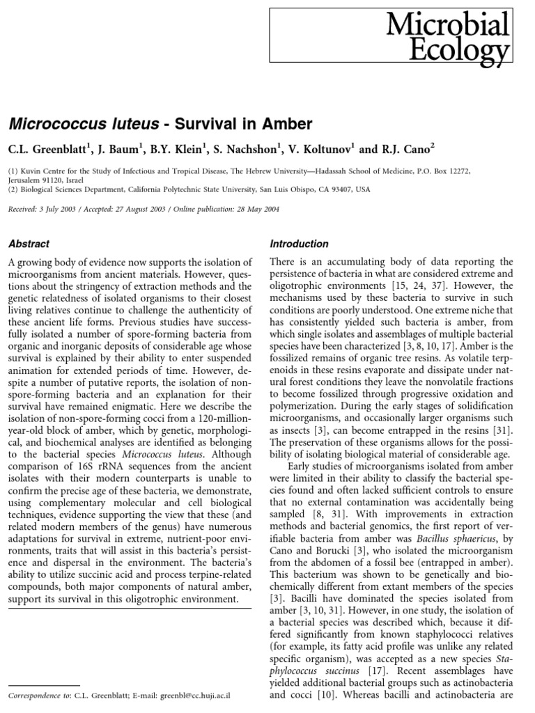 Micrococcus Luteus - Survival in Amber | PDF | Amber | Bacteria