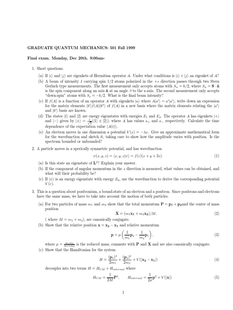 Grad Quantum Mechanics Final Exam | PDF | Wave Function | Electron