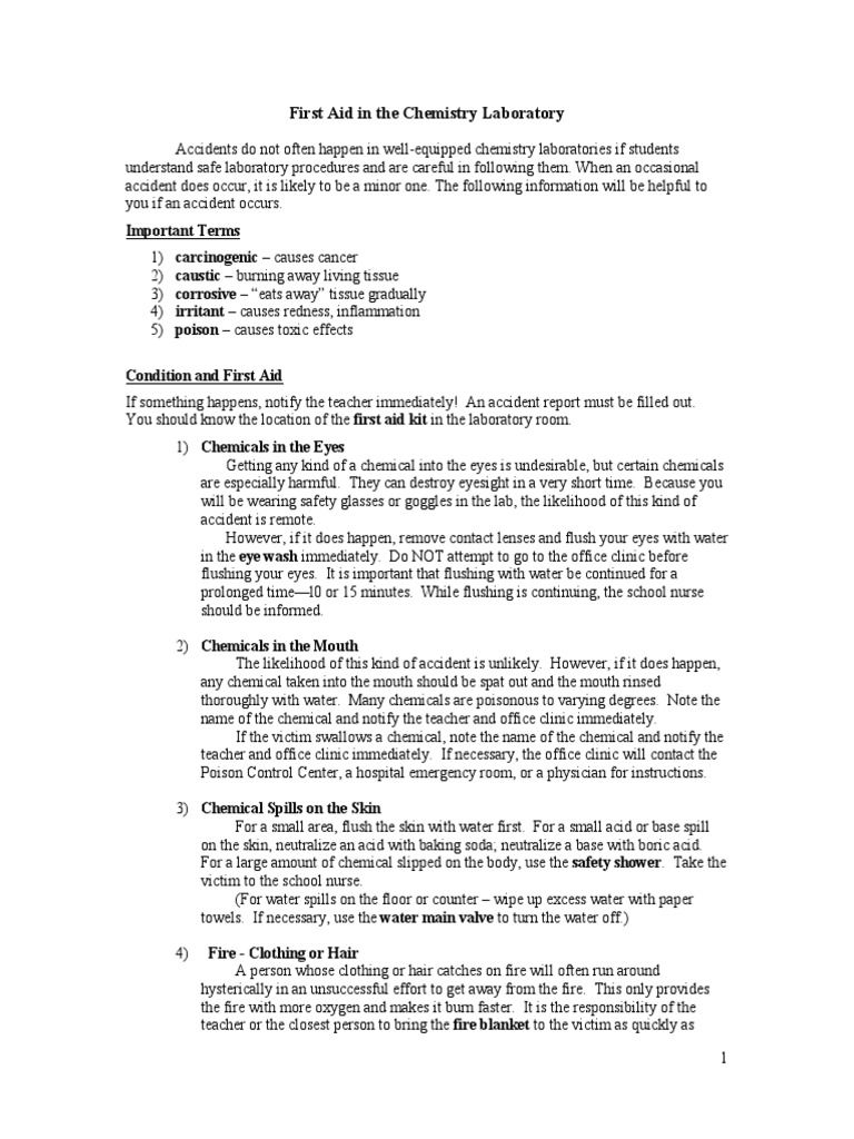 First Aid in The Chemistry Laboratory: Important Terms | PDF | Wound ...