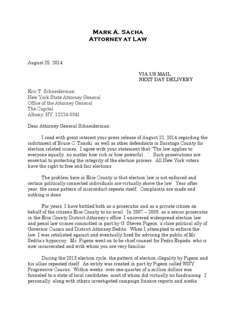 Letter to NY State Attorney General Eric T. Schneiderman (08/24/14 ...