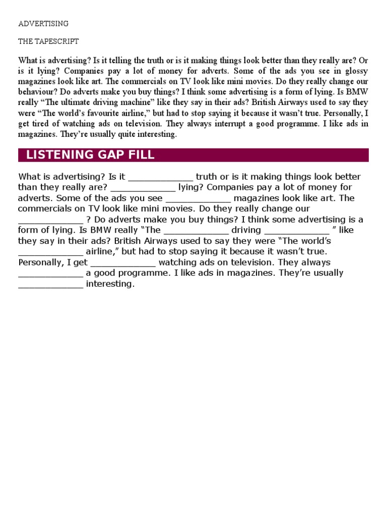 Listening Gap Fill: Advertising The Tapescript | PDF | Business