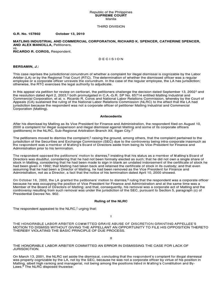 Matling Industrial and Commercial Corporation Vs Ricardo Coros | PDF ...