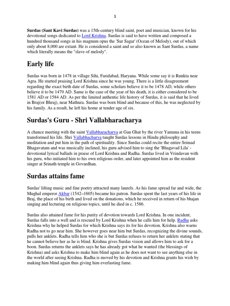 Early Life: Surdas (Sant Kavi Surdas) Was A 15th-Century Blind Saint ...
