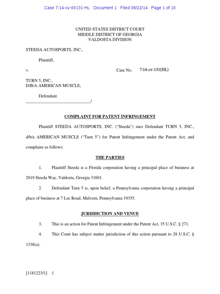 Steeda Autosports v. Turn 5 - Complaint | PDF | Patent Infringement ...