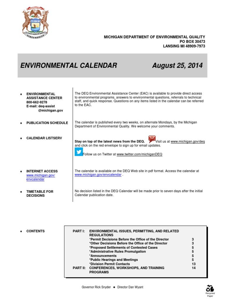 Michigan DEQ Environmental Calendar 2014 | PDF | Sulfur Dioxide | Clean ...