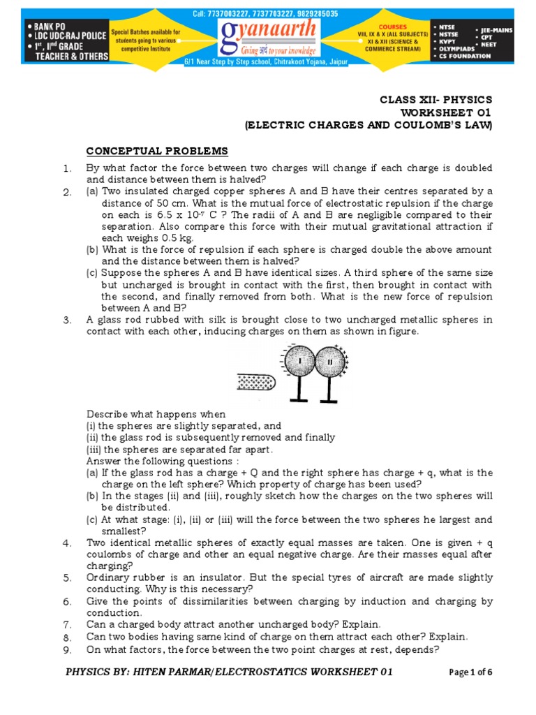 Class Xii (Electric Charges and Coulomb'S Law) Conceptual Problems ...