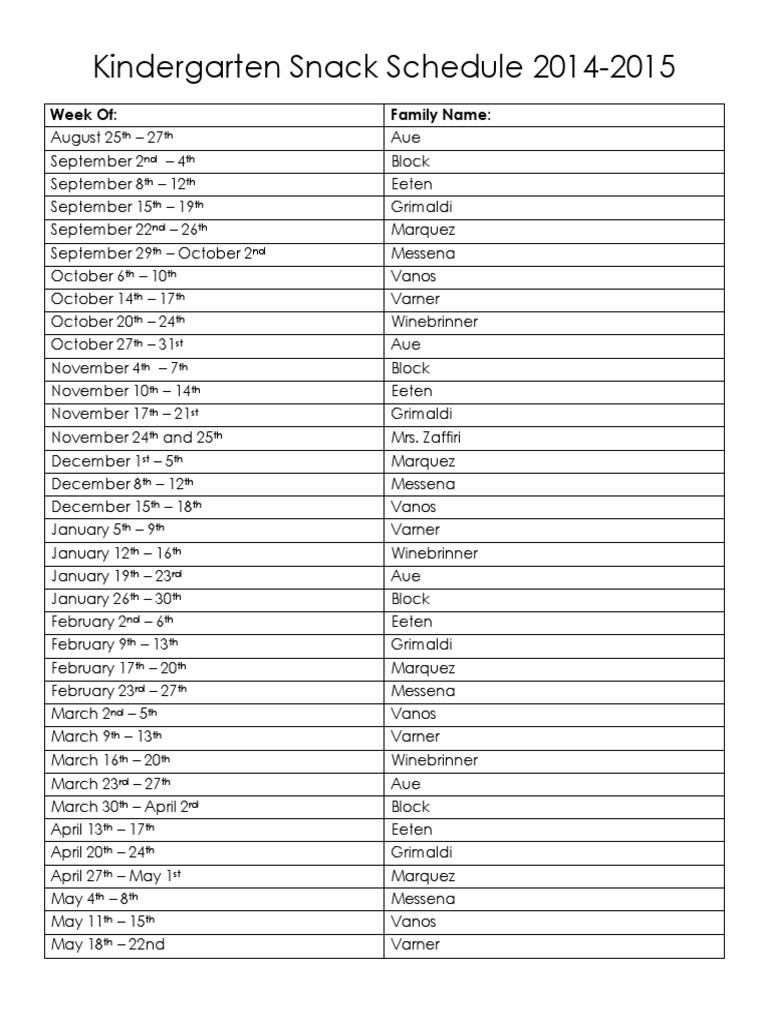 Kindergarten Snack Schedule | PDF