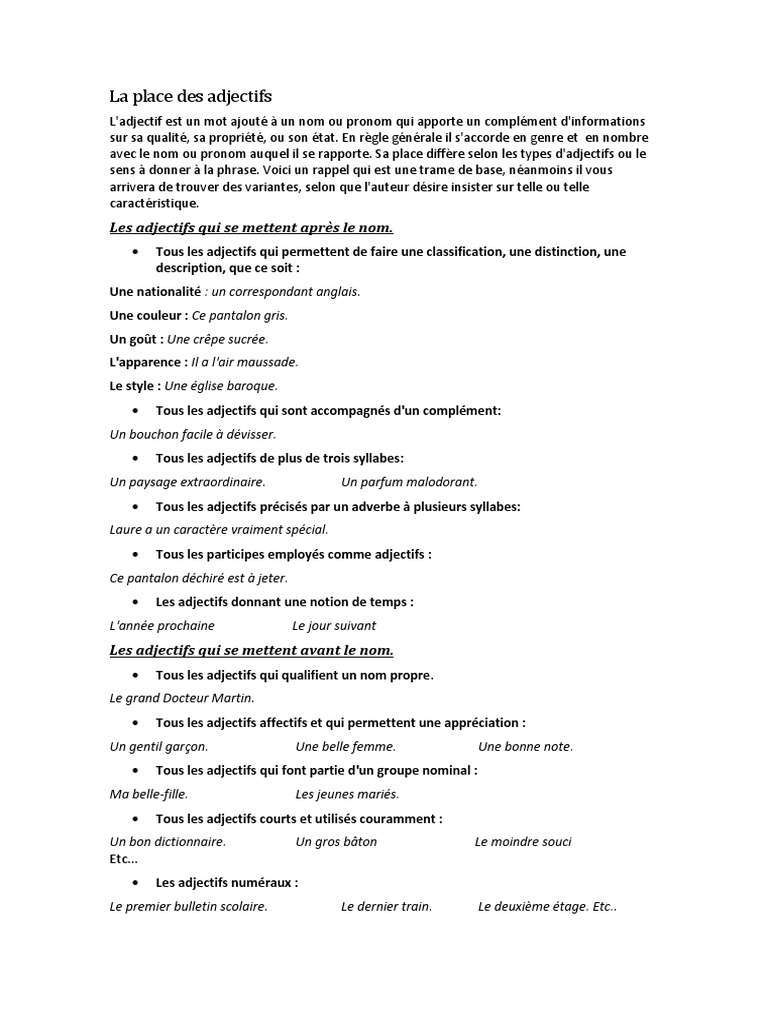La place des adjectifs en français | PDF