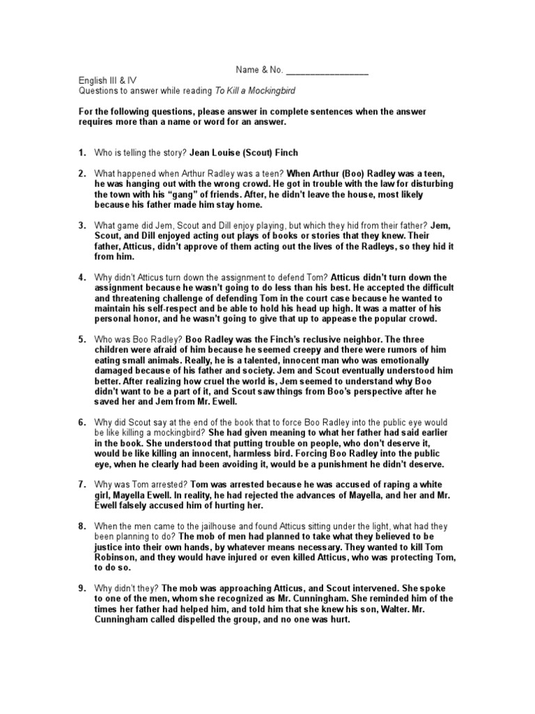 To Kill A Mockingbird Questions and Answers | PDF | To Kill A ...