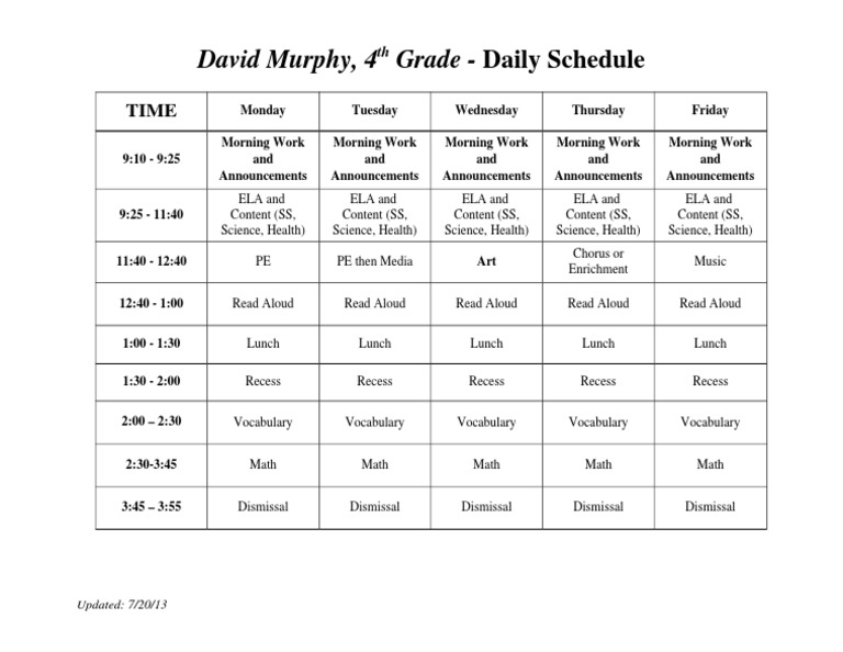 4th Grade Daily Schedule Overview | PDF